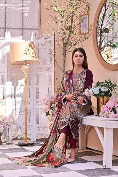Dark Mehroon 3 piece Embroidered Lawn Suit - AAHANG – Karigari